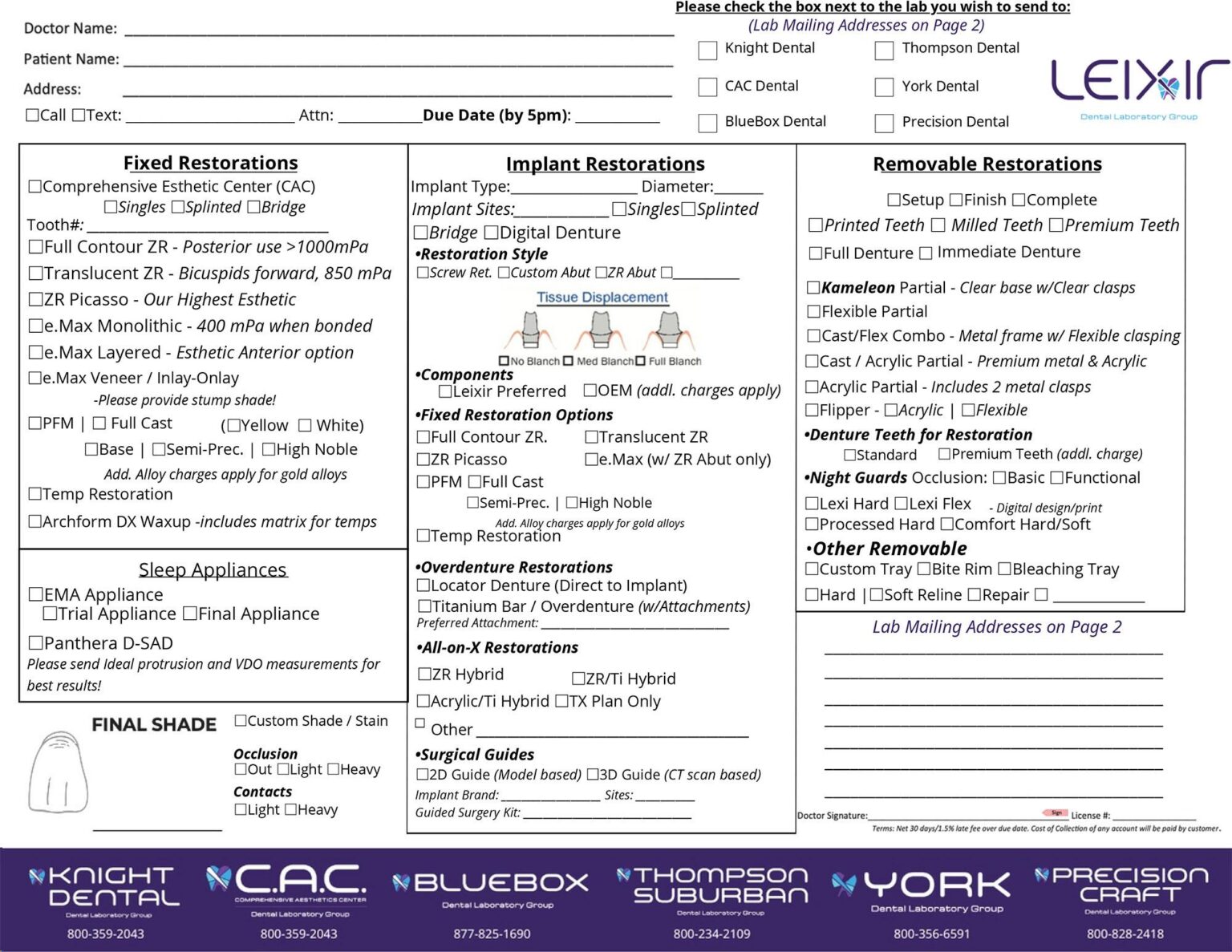Lab Rx Form - Leixir Dental Laboratory Group