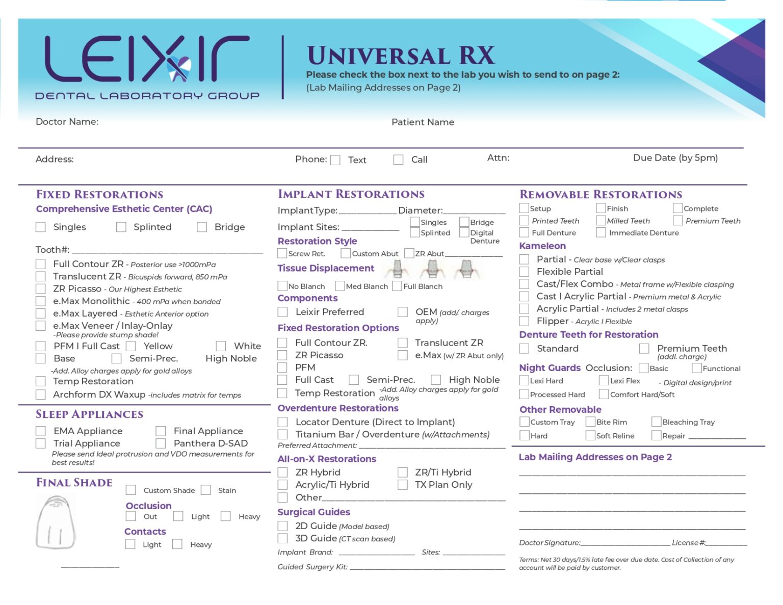 Lab Rx Form - Leixir Dental Laboratory Group