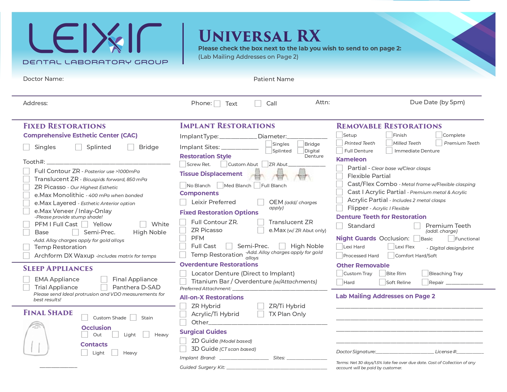 Lab Rx Form - Leixir Dental Laboratory Group